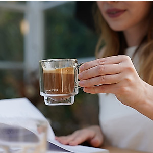 ovalware RJ3 Espresso Coffee Glass Cups 4oz/120ml (Set of 2) Double Walled Glass Cup w/Solid Butterfly Handle- Elegant Borosilicate Espresso Shot Mug - Stackable Insulated Transparent Demitasse Glass