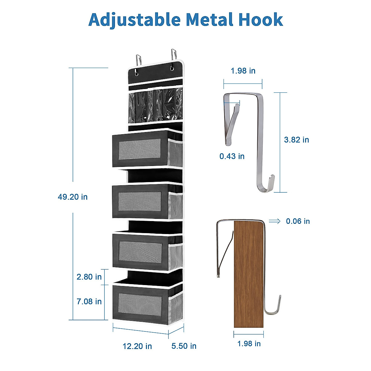JARLINK 2 Pack Over The Door Hanging Organizer with 4 Large Pockets, Back of Door Storage for Baby Nursery Bathroom Bedroom Kitchen Dorm Closet Pantry Camper RV (Black)