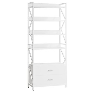 Tribesigns Bookshelf with Drawers, 70.8" Industrial Bookcase with 2 Drawers, 5 Shelf Open Shelf for Storage, Wood Book Shelf for Living Room, Bedroom, Home, Office (1, White)