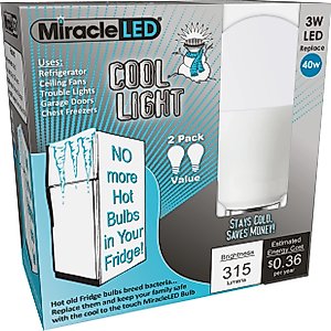 Miracle LED 604011 Refrigerator and Freezer Light, A14, Long Life Energy Saver Bulb, Cool White, 2-Pack Box,