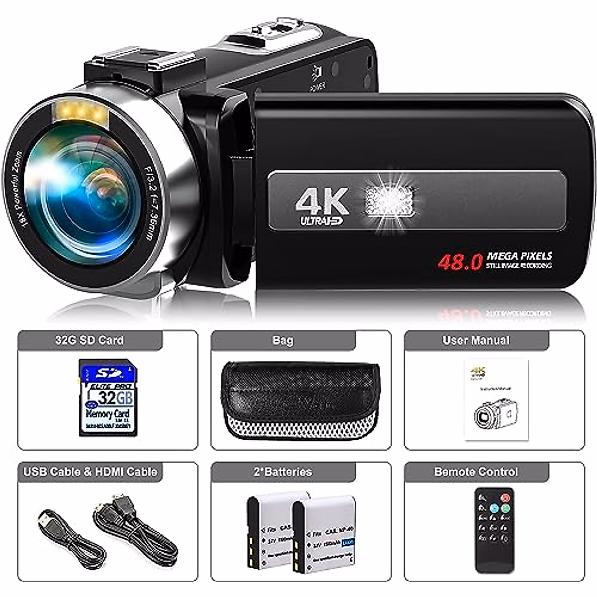 Rawiemy Camcorders Video Camera 4K 48MP Video Recorder Camera with IR Night Vision Vlogging Camera for YouTube Kids Camcorder with 3" Touch Screen,Remote,2 Batteries and 32G SD Card