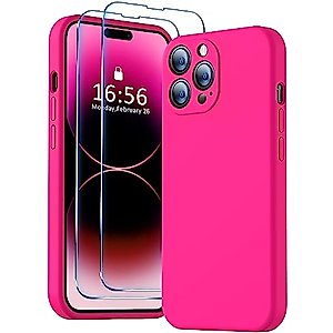 BossKiss Compatible with iPhone 14 Pro Case 6.1 inch, Premium Liquid Silicone Case [Velvety Touch] [2 Pcs 9H Tempered Glass Screen Protector], Camera All-Round Protection Shockproof Case, Hot Pink
