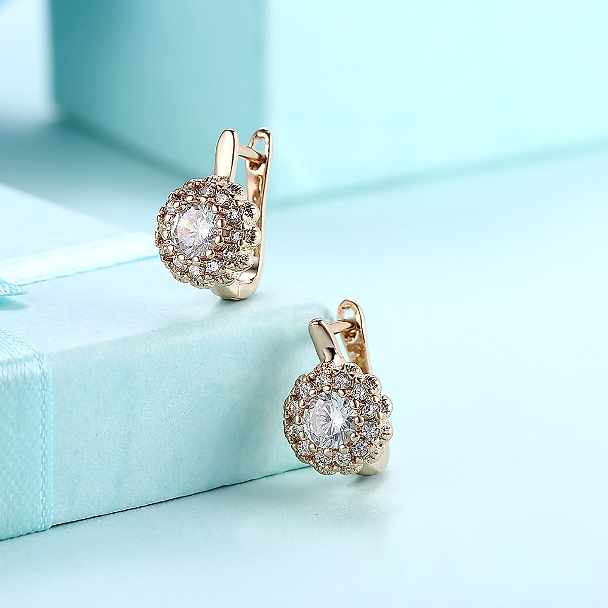 Fashion Small CZ Diamond Hoop Earrings For Women 14K Gold Flower Cubic Zirconia Leverback Studs Hypoallergenic