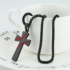 HZMAN Baseball Cross Pendant, I CAN DO ALL THINGS STRENGTH Bible Verse Stainless Steel Necklace (Black)