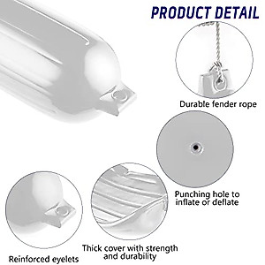 VOYOCHT 8.5 x 27 Inches Twin Eyes Ribbed Boat Fenders 4 Pack Boat Fenders Bumpers with Lines and Pump to Inflate for Docking (White)