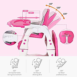 Costzon Baby High Chair, 3 in 1 Infant Table and Chair Set, Convertible Booster Seat with 3-Position Adjustable Feeding Tray, Adjustable Seat Back, 5-Point Harness (Pink)