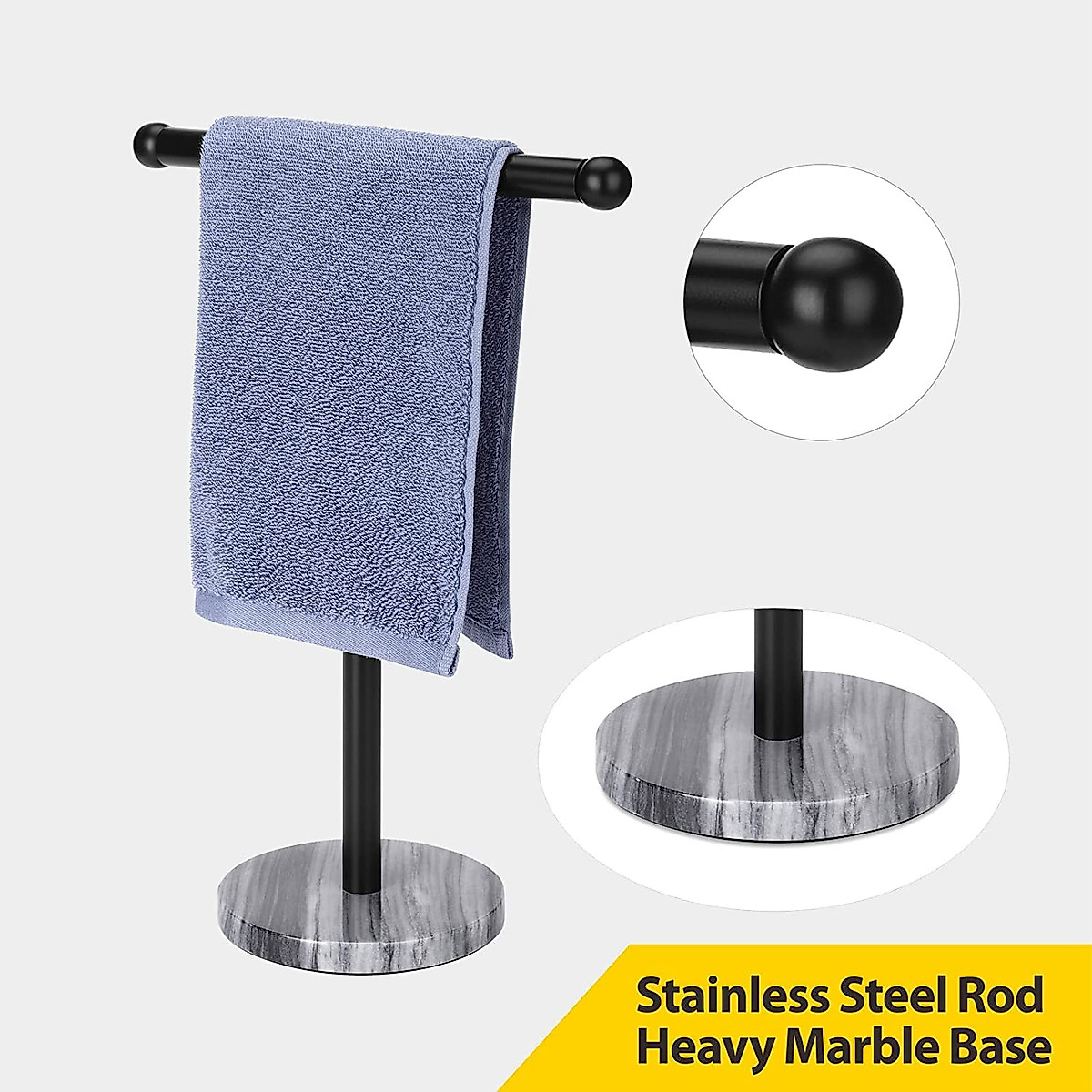 Pkfinrd Gold Hand Towel Holder Stand with Heavy Marble Base, T-Shape Towel Rack, Free-Standing for Bathroom Vanity Countertop, 304 Stainless Steel (Color : Black)