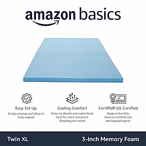 Amazon Basics Twin XL Mattress Topper, Cooling Gel-Infused, CertiPUR-US Certified, 3 Inches, Blue