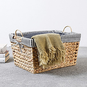 Motifeur Handmade Water Hyacinth Wicker Baskets, Utility Storage Organizers With Removable Liner (Set of 3, Jumbo: 16.9"x12.2"x9.1", Large: 15"x10.2"x7.9", Medium: 13"x8.3"x6.7", Beige + Gray/White)