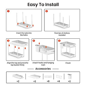 POJORY 2 Pack Double Sliding Under Sink Organizers and Storage,2-Tier Pull Out Under Sink Organizer with Hooks and Hanging Cup,Multi-Purpose Cabinet Organizer for Bathroom Kitchen, White