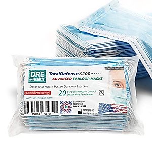 Dre 3 Ply Disposable Face Masks, 20 Count - Made in the USA - Medical Grade