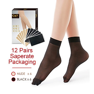 G&Y 12 Pairs Ankle Nylon Socks for Women - 20D Sheer Pantyhose Socks (6 Black & 6 Nude)