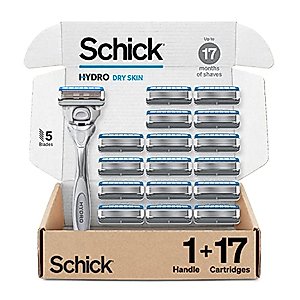 Schick Hydro Dry Skin Razor, 1 Razor Handle and 17 Cartridges | Razors for Men, 5 Blade Razor Men, Mens Razors for Shaving, Razor Blades for Men, 1 Handle with 17 Razor Blades Refills