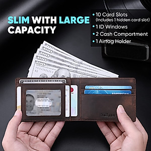 Dallson Mens Wallet with Airtag Holder, Slim Bifold Genuine Leather Wallet for Air Tag, ID Window, 10 Card Slot, RFID Blocking, Smart Wallet Compatible with Apple AirTag (Brown)