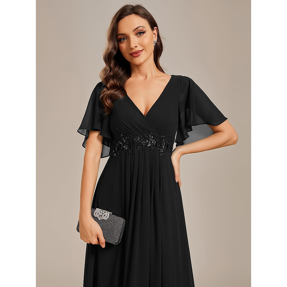 Ever-Pretty Women's Chiffon A-Line Ruched Short Sleeves Applique Waist V Neck Formal Dresses and Evening Gowns Black US20