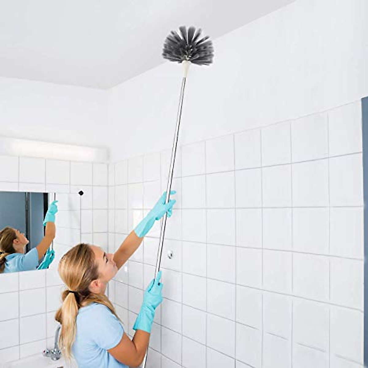 Microfiber Duster with Extension Pole 100'' + Microfiber & Domed Cobweb Double Replacement Heads Extendable Dusters