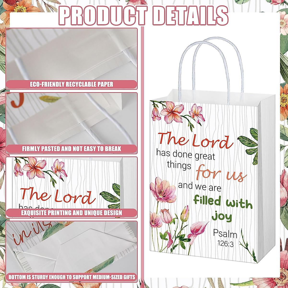 Yeaqee 24 Pcs Religious Gift Bags Bible Verse Treat Bags Inspirational Flower Paper Bags with Handles Christian Church Gifts in Bulk for Women Wedding Birthday First Communion Baptism