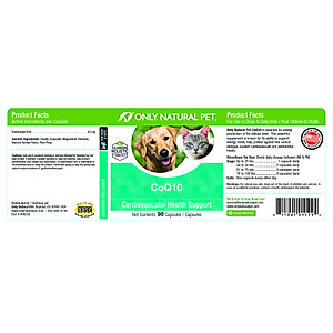 Only Natural Pet CoQ10 for Dogs & Cats, Heart and Cardiovascular Health Support, Coenzyme Q10 Ubiquinone - 90 Capsules