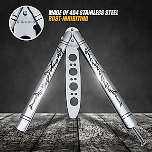 VORNNEX Practice Butterfly knife Trainer with Sure Spring Latch, Full Stainless Steel Black Dull Balisong, Unsharpened Butterfly knives Comb for CSGO Training(Silver)