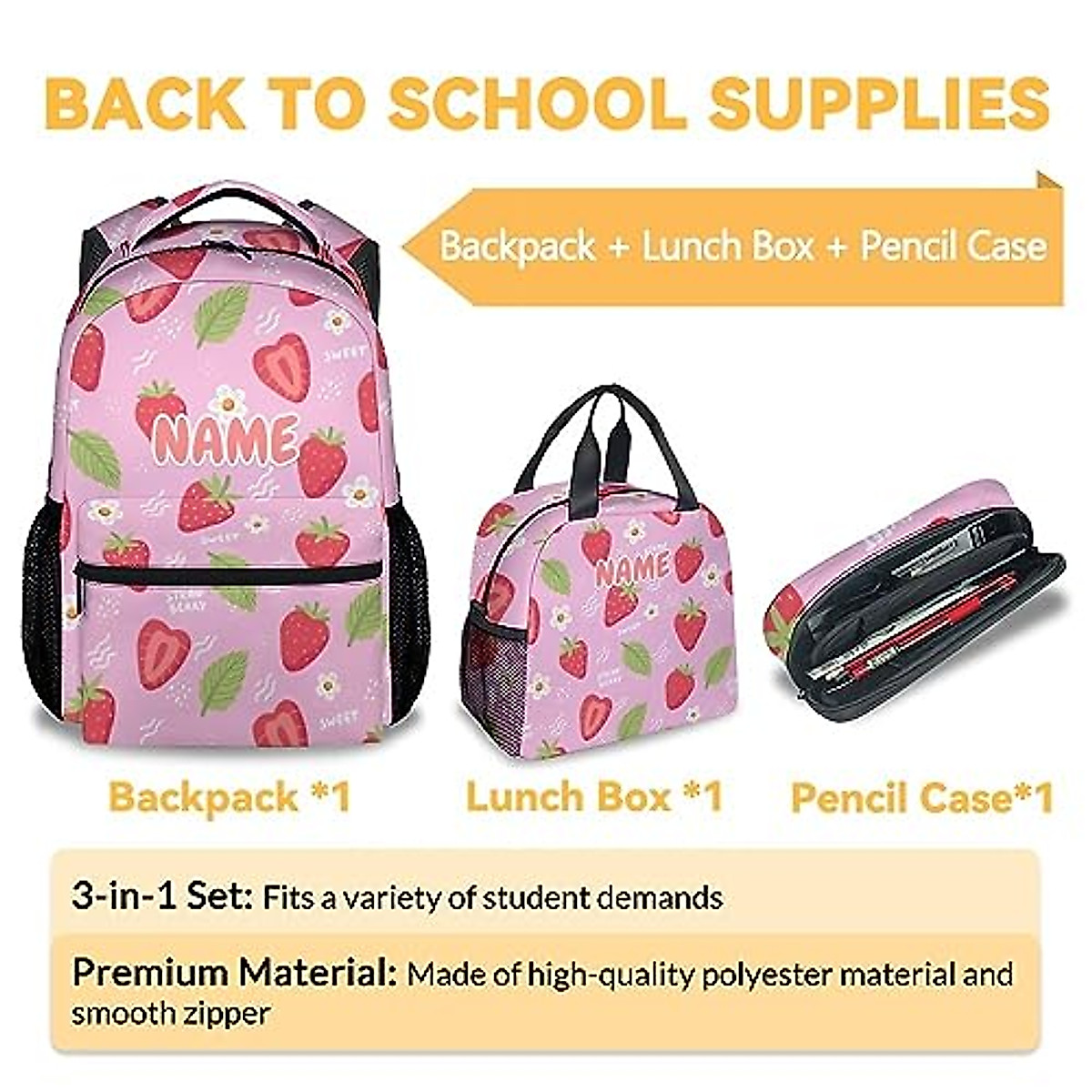 Homexzdiy Personalized Strawberry Backpack with Lunch Box Set for Girls, Custom 3 in 1 School Backpacks Matching Combo, Cute Pink Bookbag and Pencil Case Bundle