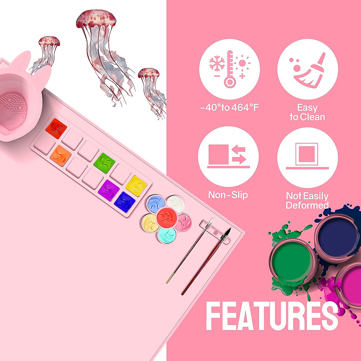 Silicone Art Mat, Silicone Mats for Crafts - Silicone Painting Mat with A4 Cutting Mat, Silicone Artist Mat with Cup for Art, Handmade, Crafts, Sewing and Scrapbooking (Pink)