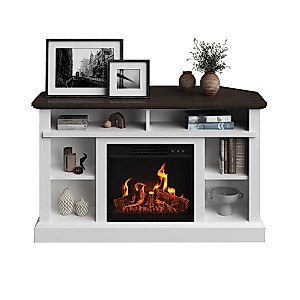 NORTHWEST Corner TV Stand with Electric Fireplace Fits 55-Inch TVs - Console with Storage Cabinet, Remote, Adjustable Heat, and LED Flames (White)