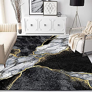 Vintage Abstract Marble Pattern Area Rugs, Black Grey Gold Carpet, Soft Thick Washable Art Deco Rug for Living Room Bedroom Under Dining Table Farmhouse Office Indoor Runners, 6x9ft