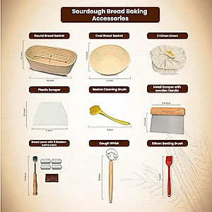 Set of 2 Banneton Bread Proofing Basket 9” Round, 10” Oval with Maximum 9 Bread Making Tools and Supplies by SMILLWALA Proofing Baskets for Sourdough Bread Baking Supplies Kit (Oval and Round)