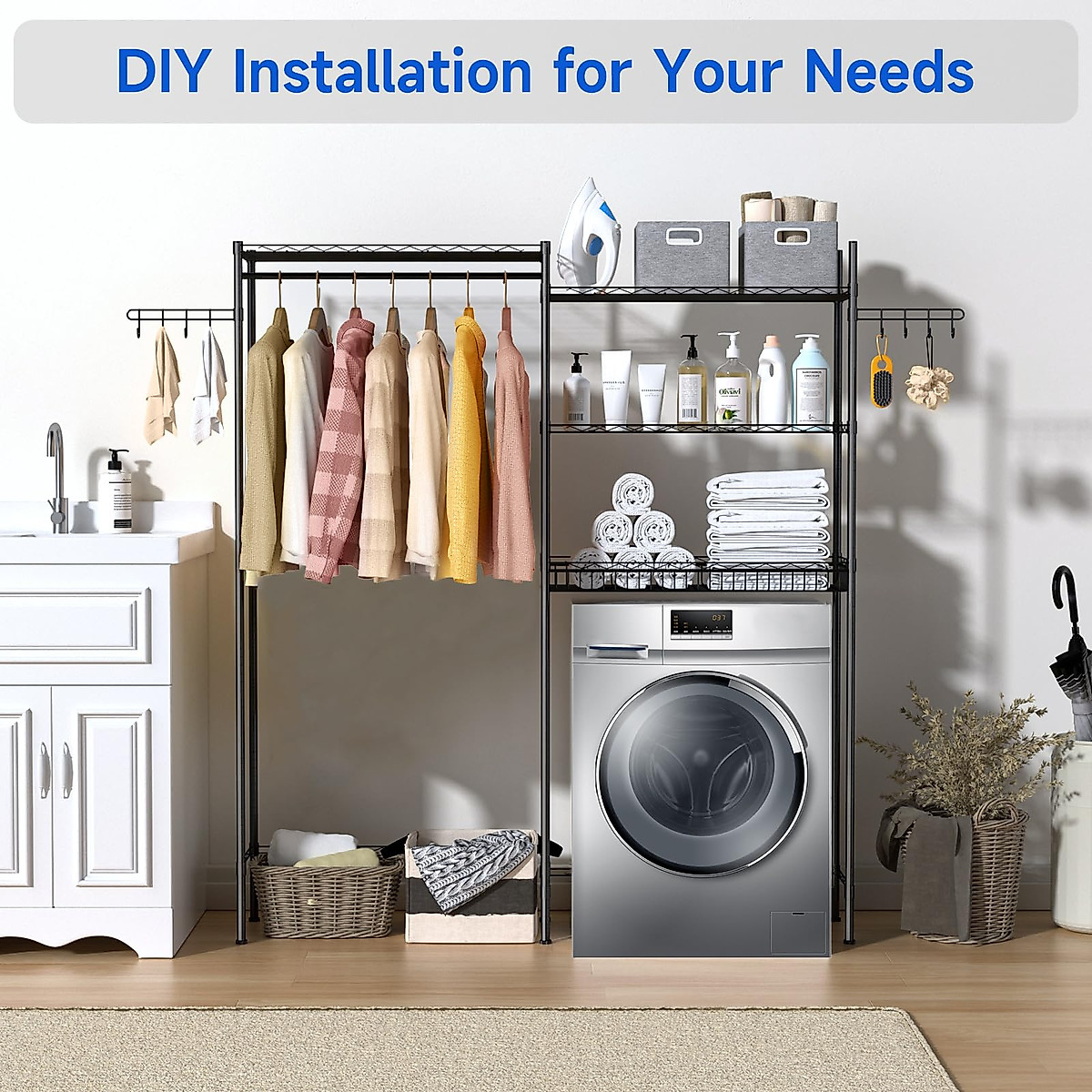 Over the Washer and Dryer Storage Shelf, Height Adjustable Laundry Room Organization Shelf, Clothes Drying Rack for Laundry Room Organization and Storage with Wire Basket, Hanging Rods and Side Hooks