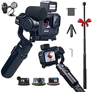 INKEE Falcon Plus Action Camera Gimbal Stabilizer Compatible with GoPro Hero 12/11/10/9/8/7/6/5, OSMO Action,Insta360,Support GoPro Media Mod 9H Battery Life, with Tripod and Extension Rod Kits