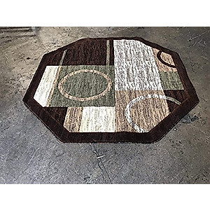 Americana Modern Octagon Contemporary Geometric Area Rug Brown & Green Design 1497 (4 Feet X 4 Feet)