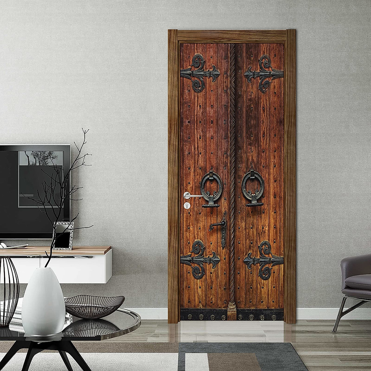 artfanke 3D Realistic Wooden Pattern Door Sticker Peel and Stick - Retro Wood Murals Wallpaper - Waterproof Door Decal for Home Decor 30.3"x78.7"(2 Sheets/Set)