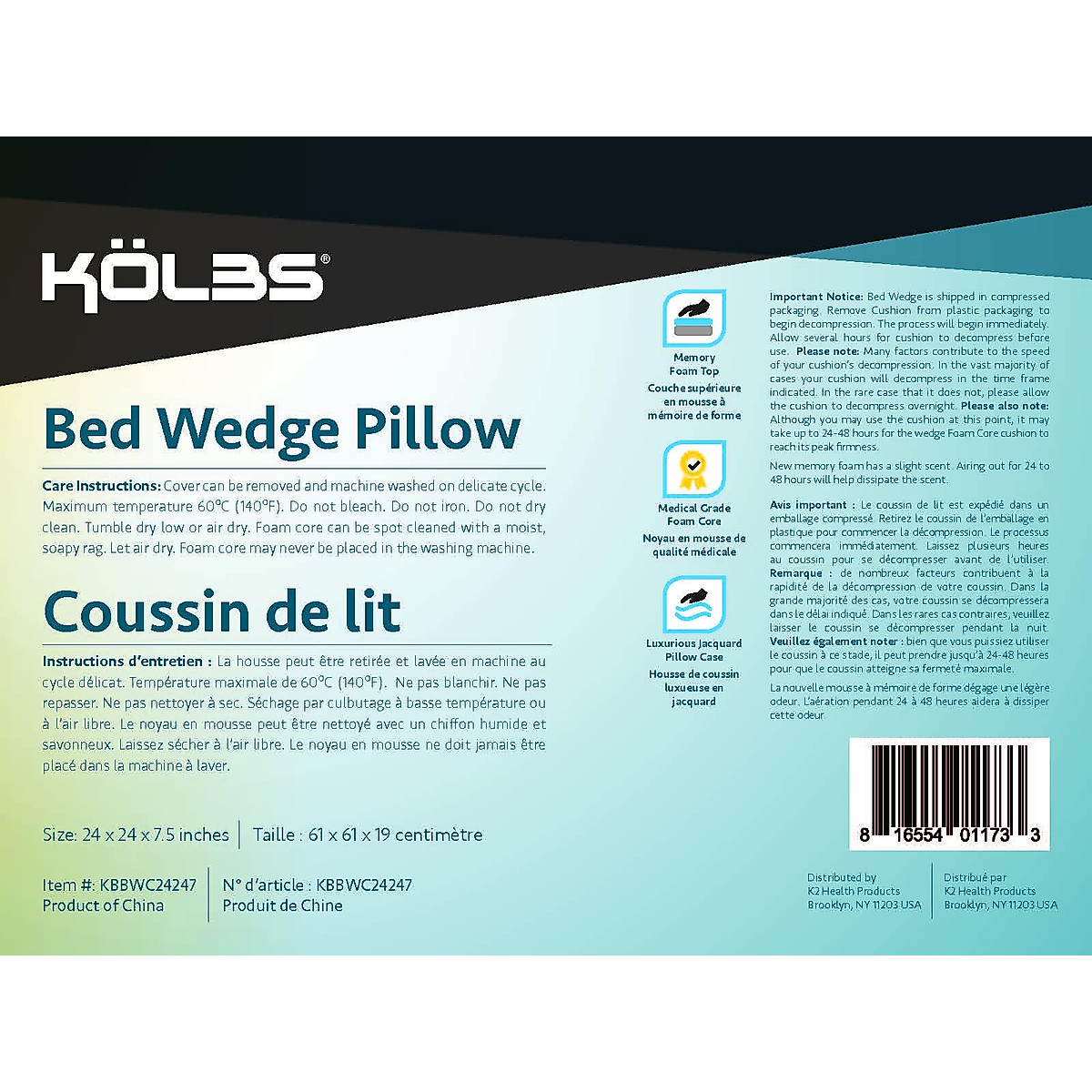 Kӧlbs Bed Wedge Pillow with Memory Foam Top | Stylish Chic Jacquard Cover | Wedge Pillow for Sleeping and Acid Reflux, Heartburn, and GERD Pillow – Snoring Pillow