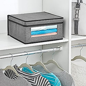 mDesign Medium Fabric Stackable Closet Storage Organizer Box with Front Window/Lid for Bedroom, Office, Mudroom Organization, Hold Clothes, Blankets, Linens, Lido Collection, Dark Gray/Black