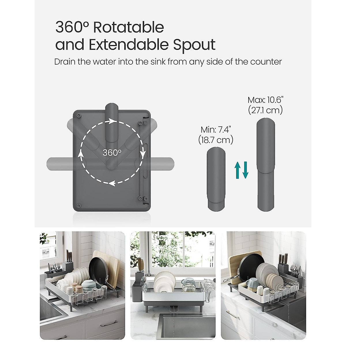 SONGMICS Large Dish Drying Rack, Expandable Dish Dryer for Kitchen Counter, Stainless Steel Dish Rack with Rotatable Spout, Utensil, Cup, Glass, Cutting Board, Pan Holders, Silver and Gray UKCS037G01