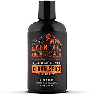 Rocky Mountain Barber Company Cedar Spice All-In-One Body Wash – Shampoo, Body Wash, Conditioner, Face Wash & Beard Wash with Essential Oils - 8 oz