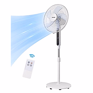 PELONIS 16" Oscillating Pedestal Stand Up Fan | Adjustable Height | Ultra Quiet DC Motor | Remote Control | 12 Speed | 12-Hour Timer | High Energy Efficiency | for Bedroom Home Office Use | White