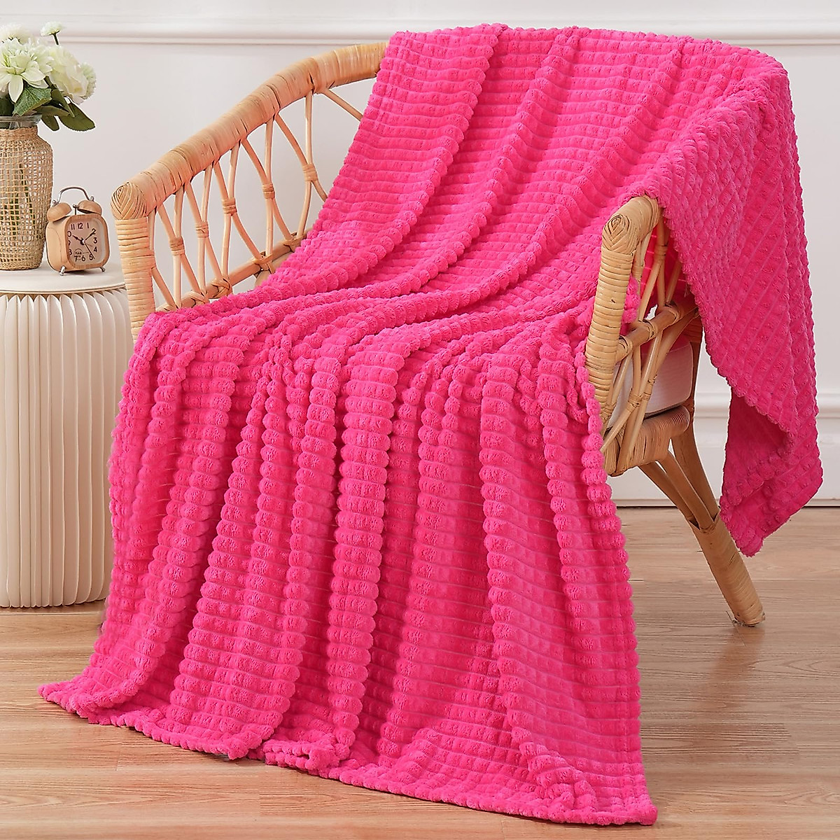 Puncuntex Flannel Fleece Throw Blanket Hot Pink 50"×60",Super Soft Plush Cozy Blanket with 3D Jacquard Square Grid Design Luxury for Couch Sofa Chair