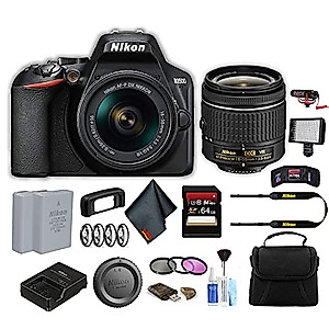 Nikon D3500 DSLR Camera with 18-55mm Lens (1590) Advanced Bundle with Bag, Extra Battery, LED Light, Mic, Filters and More (Renewed)