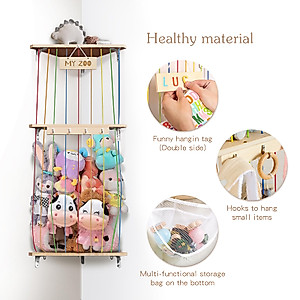 Stuffed Animal Storage Wood Soft Toy Shelf with Hooks and Mesh Organizer 3-in-1 Splice and Length Adjustable Hanging Stuffed Animal Zoo Toy Organizer Shelf for Nursery Play Room Bedroom Kid Room