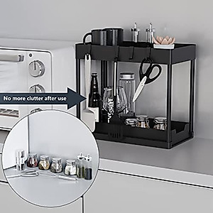 Mamibot 2 Tier Under Sink Organizer Shelf with Sliding Storage Drawer, Multi-Purpose Pull Out Collection Baskets with Hooks for Cabinet Kitchen Bathroom, Black