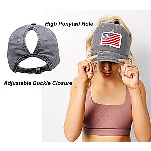 Distressed Ponytail Hat for Women American-Flag Pony Tail Caps High Bun Grey