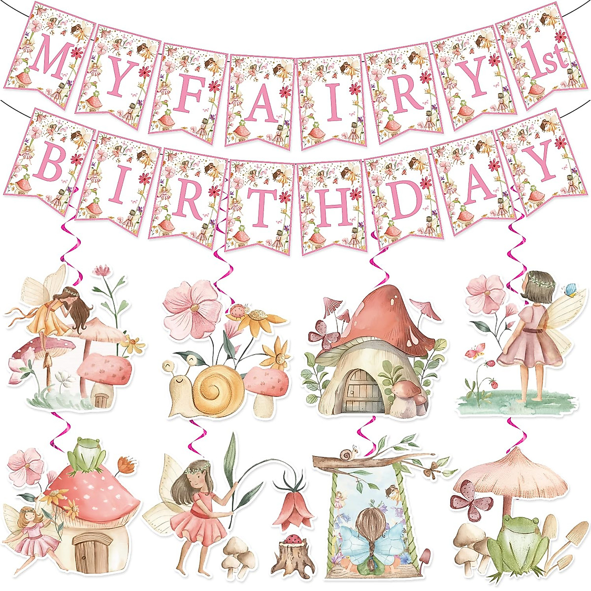 NO-DIY My Fairy First Birthday Decorations Banner Hanging Swirls, Fairy Birthday Decorations, Flower Fairy Themed Birthday Party Decorations Includes 1 Banner 16 Hanging Swirls for Girls Baby Shower