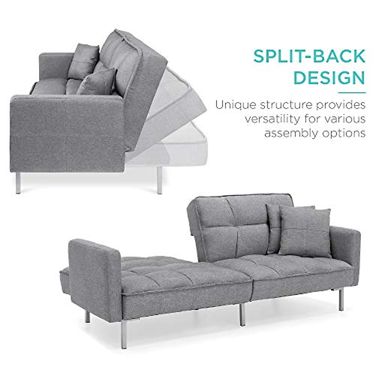 Best Choice Products Convertible Linen Fabric Tufted Split-Back Plush Futon Sofa Furniture for Living Room, Apartment, Bonus Room, Overnight Guests w/ 2 Pillows, Wood Frame, Metal Legs - Dark Gray