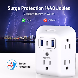 TROND Surge Protector Outlet Extender - 5 Outlet Splitter with 3 USB Ports (1 USB C), Multi Plug Outlet Expander with ON/Off Switch, 3 Sided Multiple Wall Plug Power Strip for Home Travel Office