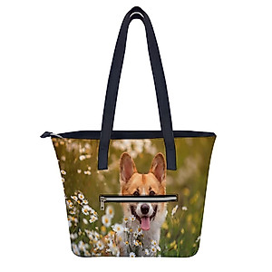 Corgi Dog Puppy Daisy Flowers Women's Tote Bag PU Leather Shoulder Bag Handbags Purse For Work Shopping Travel