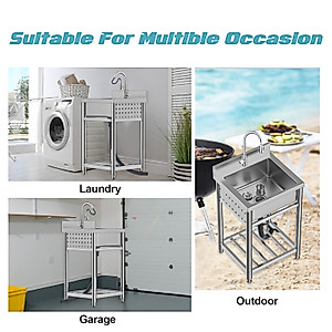 AUPOPP Utility Sink, Stainless Steel Outdoor Sink for Laundry Bar Restaurant, Free Standing Commercial Sink Portable Kitchen Sink Station with Pull-out Faucet, Cold/Hot Water for Farmhouse, Garage