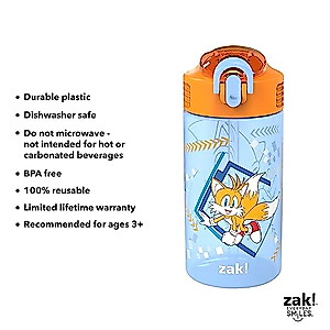 Zak Designs Sonic the Hedgehog Kids Water Bottle For School or Travel, 16oz 2-Pack Durable Plastic Water Bottle With Straw, Handle, and Leak-Proof, Pop-Up Spout Cover (Sonic, Tails)