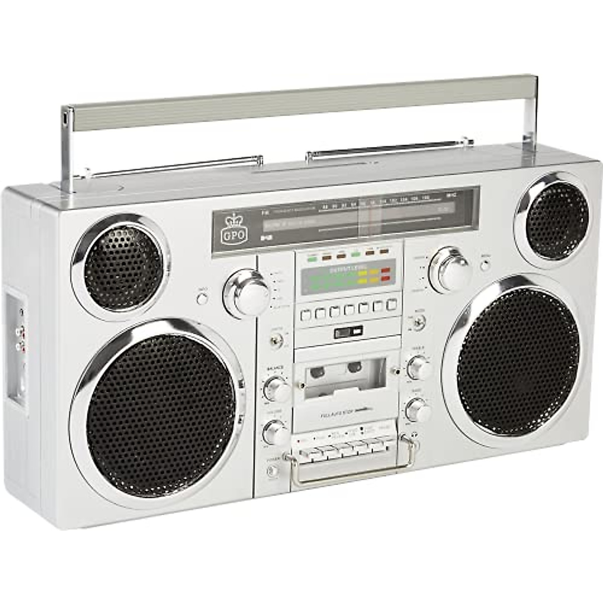 GPO Brooklyn 1980S-Style Portable Boombox - CD Player, Cassette Player, FM Radio, USB, Wireless Bluetooth Speaker - Silver