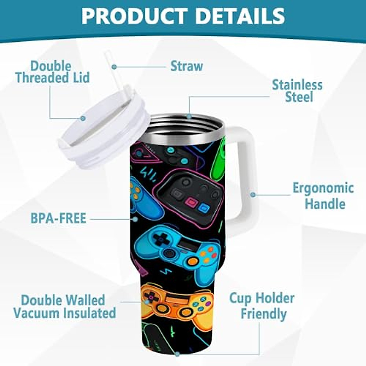 Jihqo Colorful Video Game Controllers 40 oz Stainless Steel Vacuum Insulated Tumbler with Handle and Straw Lid, Leakproof Water Bottle Double Wall Travel Mug Coffee Cup, Cupholder Friendly